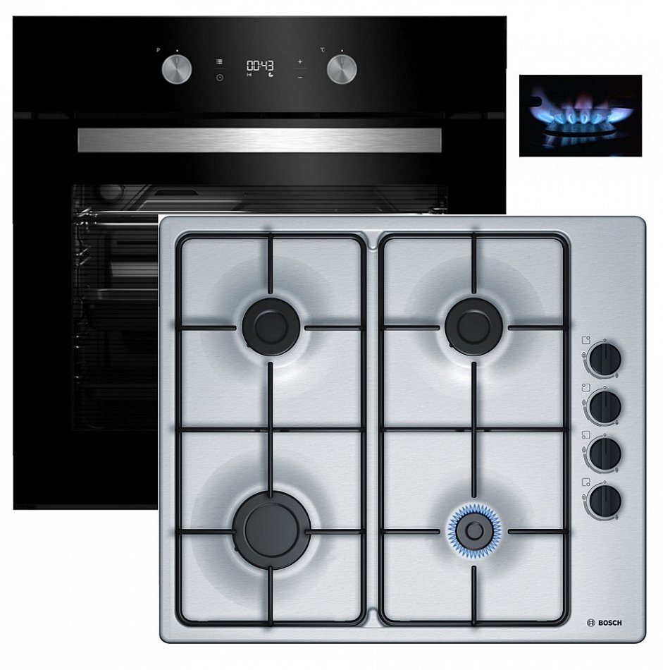 Gasherd Set Beko Elektro Backofen Schwarz Umluft +GAS Kochfeld Bosch ...