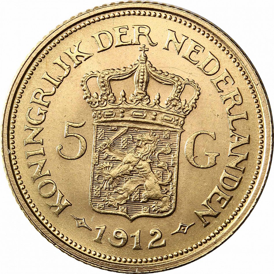 Niederlande 5 Gulden 1912 Königin Wilhelmina Goldmünze prägefrisch in ...